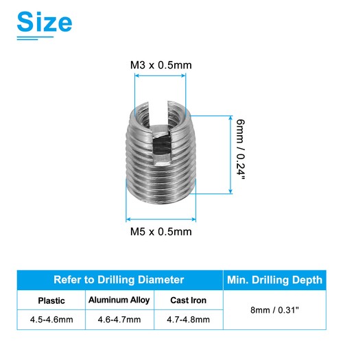 40 Pcs 303 Stainless Steel M3 x M5 x 6mm Self-Tapping Threaded Inserts ...