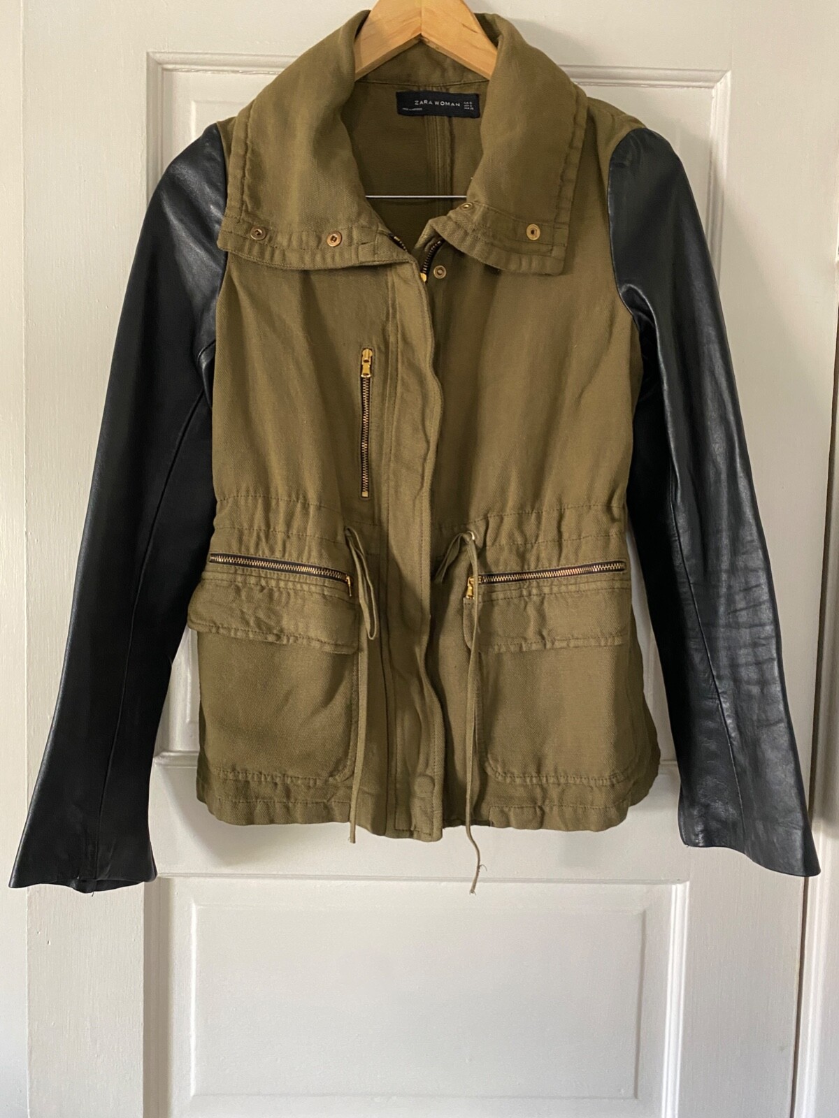 Zara Green Military Field Jacket with Lamb Leather Sl… - Gem