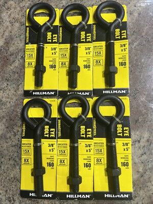 Lot of 6 HILLMAN 320130 Eye Bolt 3/8" x 5” 160lb Safe Working Load per ...