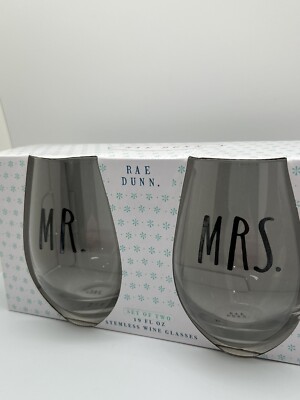 Rae Dunn Set Of Two Stemless Wine Glasses Mr. & Mrs. New Wedding Gift ...