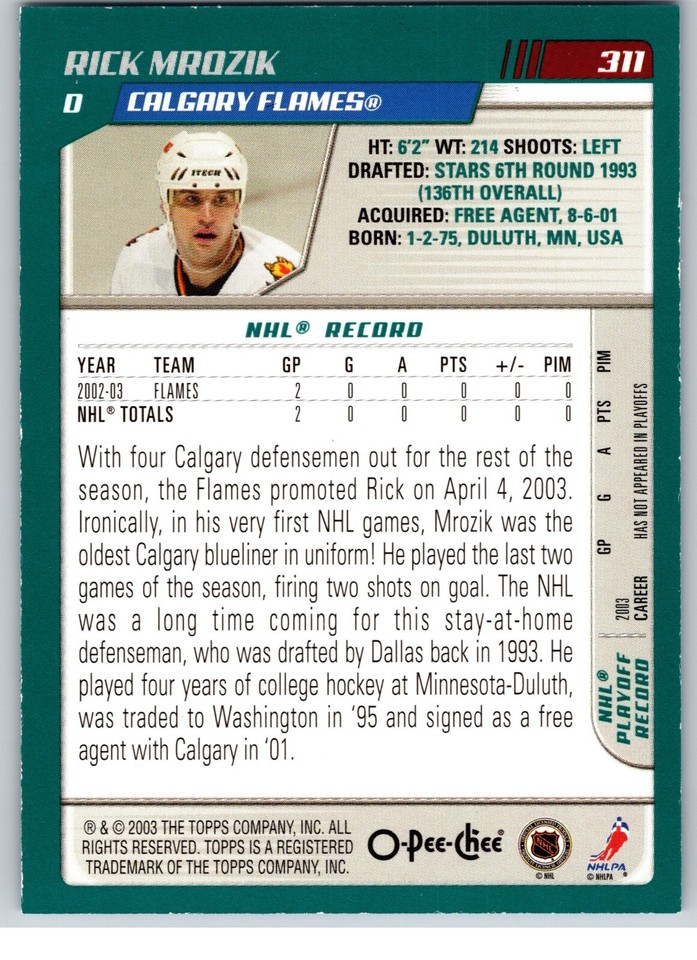 2003 Topps / O-pee Chee NHL "BLUE" 141/500 Rick Mrozik Calgary Flames ...