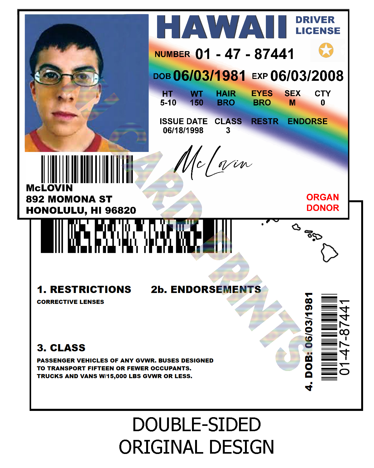 McLovin Novelty ID card / Superbad Movie / Hawaii License. Wallet sized ...