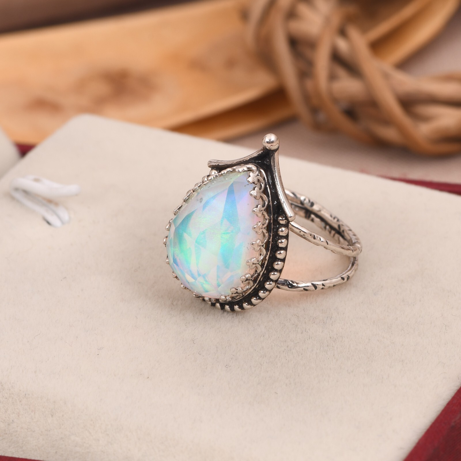 Aurora Opal Crown Design Engagement Ring Sterling Silver Constellation ...