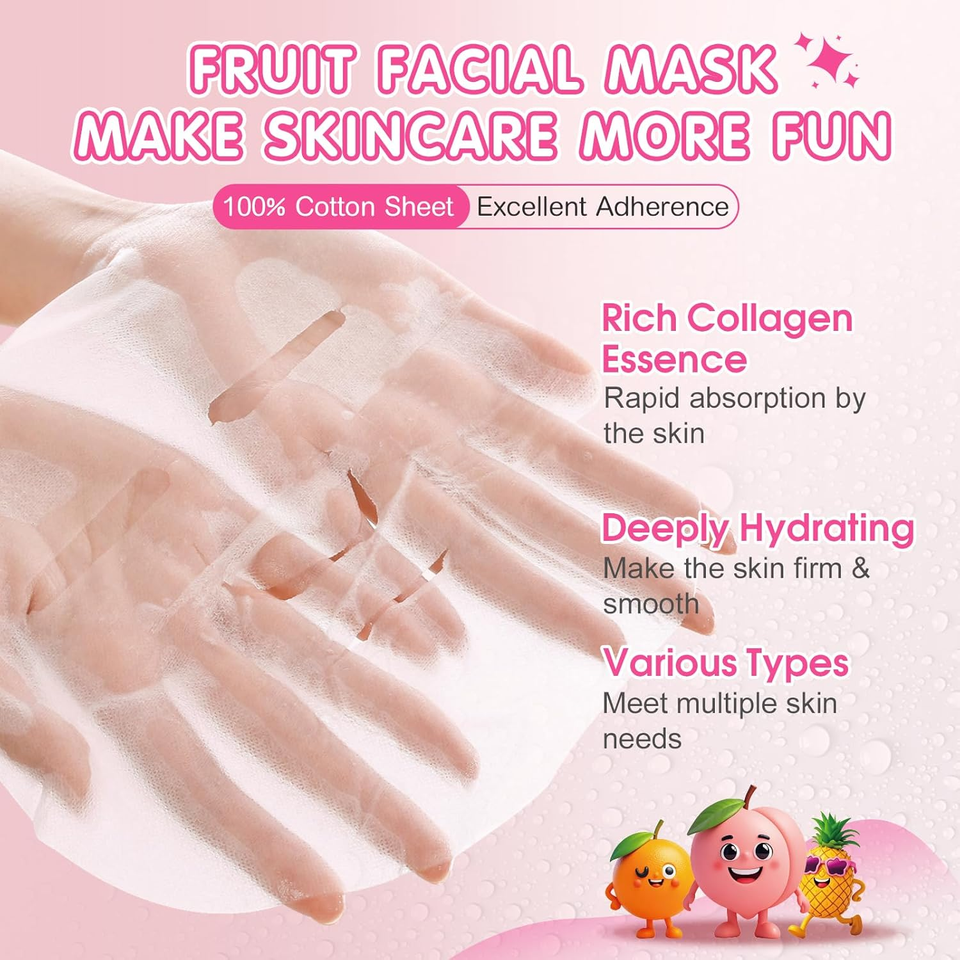 14 Pack Fruit Face Masks Skincare for Kids, Sheet Hydrating Facial Mask ...