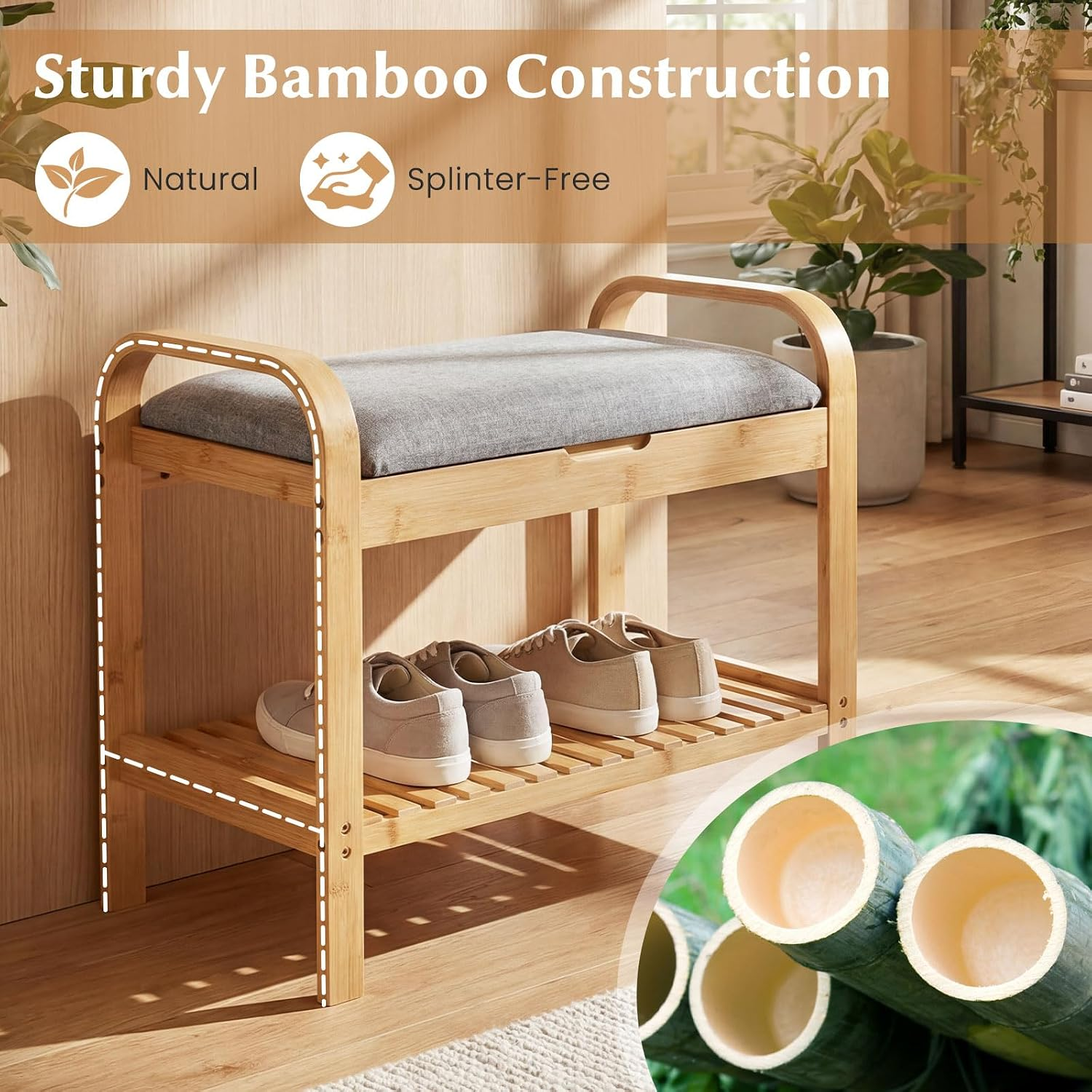 Small Entryway Bench with Storage, 2-Tier Bamboo Shoe Rack Bench with ...