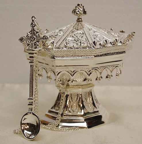 SILVER PLATED GOTHIC INCENSE BOAT AND SPOON (Censer, Chalice, Church ...