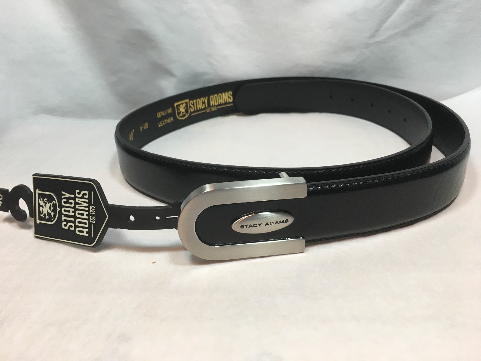 32MM STACY ADAMS SMOOTH BLACK LEATHER BELT BRUSHED NICKLE BUCKLE SIZE ...