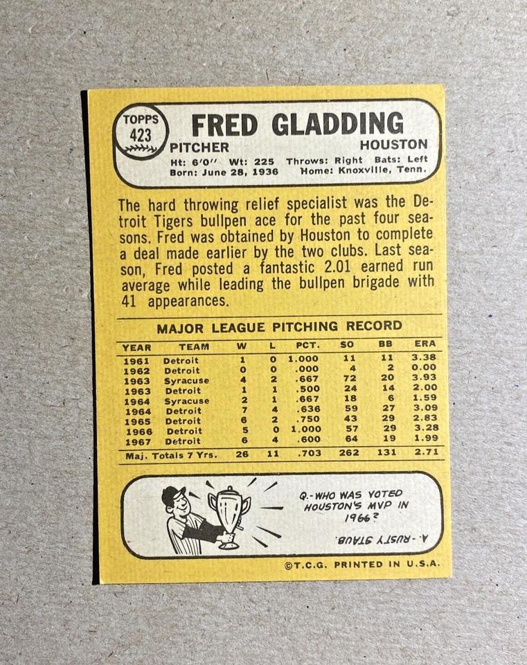 1968 Topps Set-Break #423 Fred Gladding Clean Vintage Baseball Card! NM ...