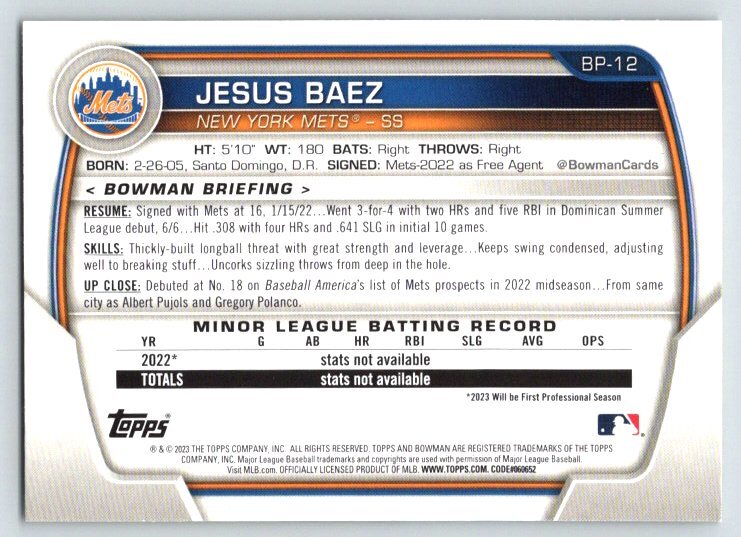 2023 Bowman Prospects Jesus Baez New York Mets #BP-12 | eBay