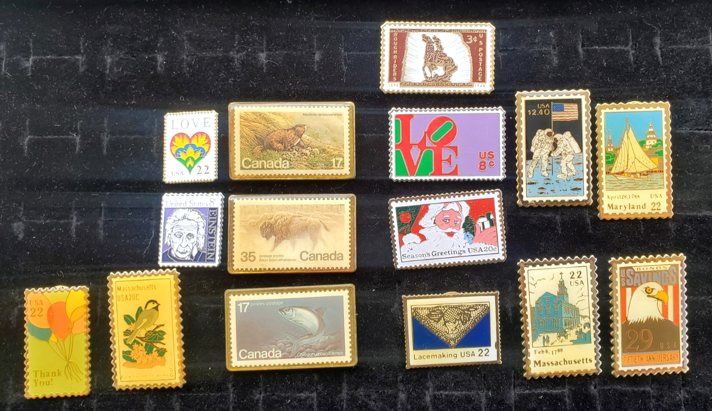 Lot of 15 Vintage US USPS and Canada Postage Stamps Metal Lapel Pins ...
