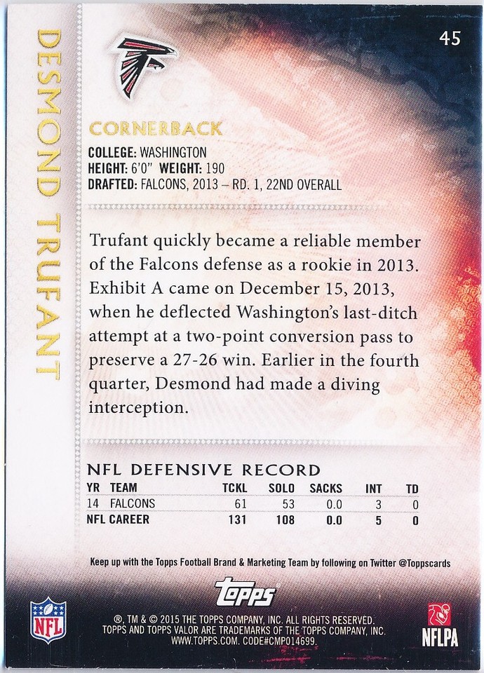 Desmond Trufant - Atlanta Falcons - 2015 Topps Valor Football - SPEED ...