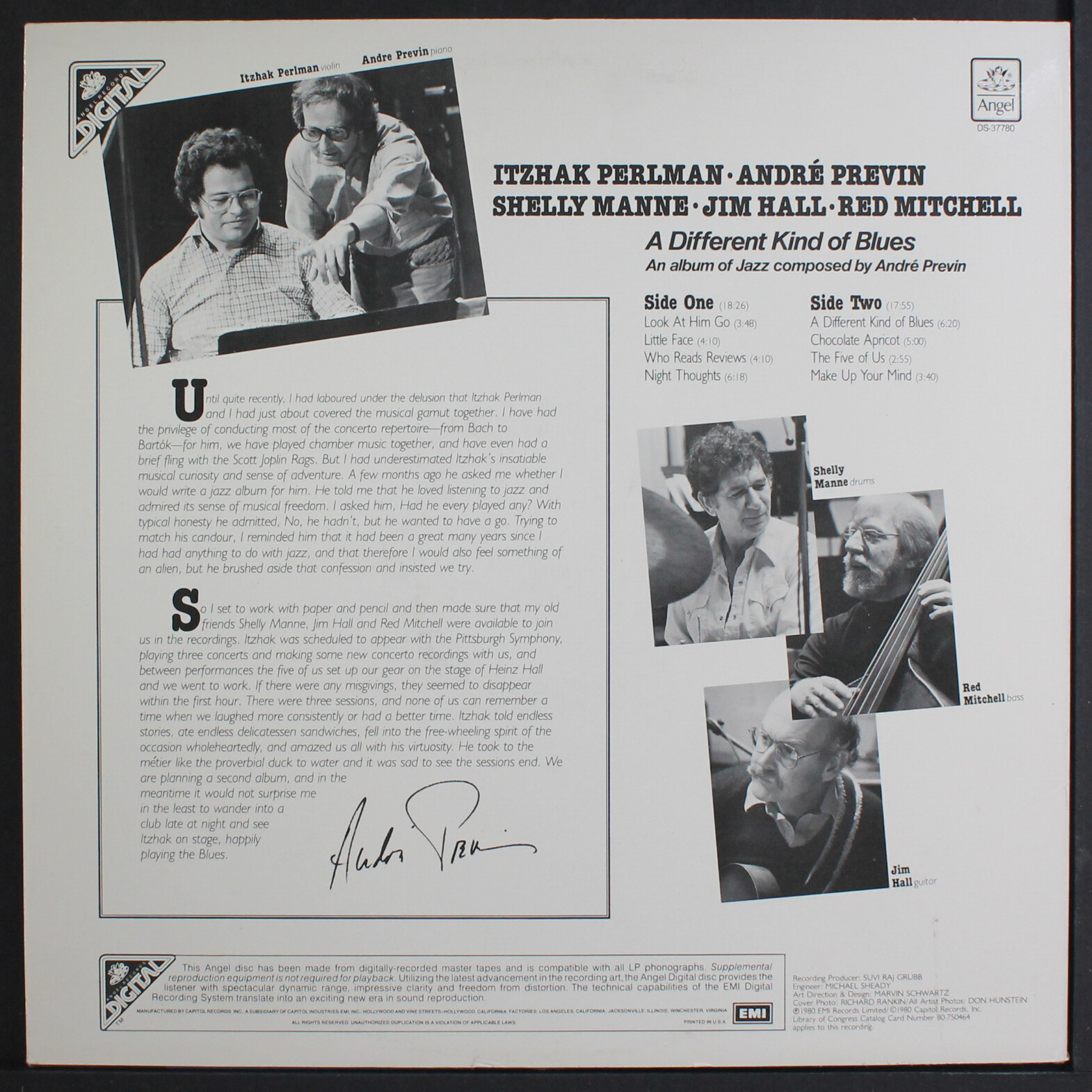 ITZHAK PERLMAN & ANDRE PREVIN: a different kind of blues ANGEL 12" LP ...