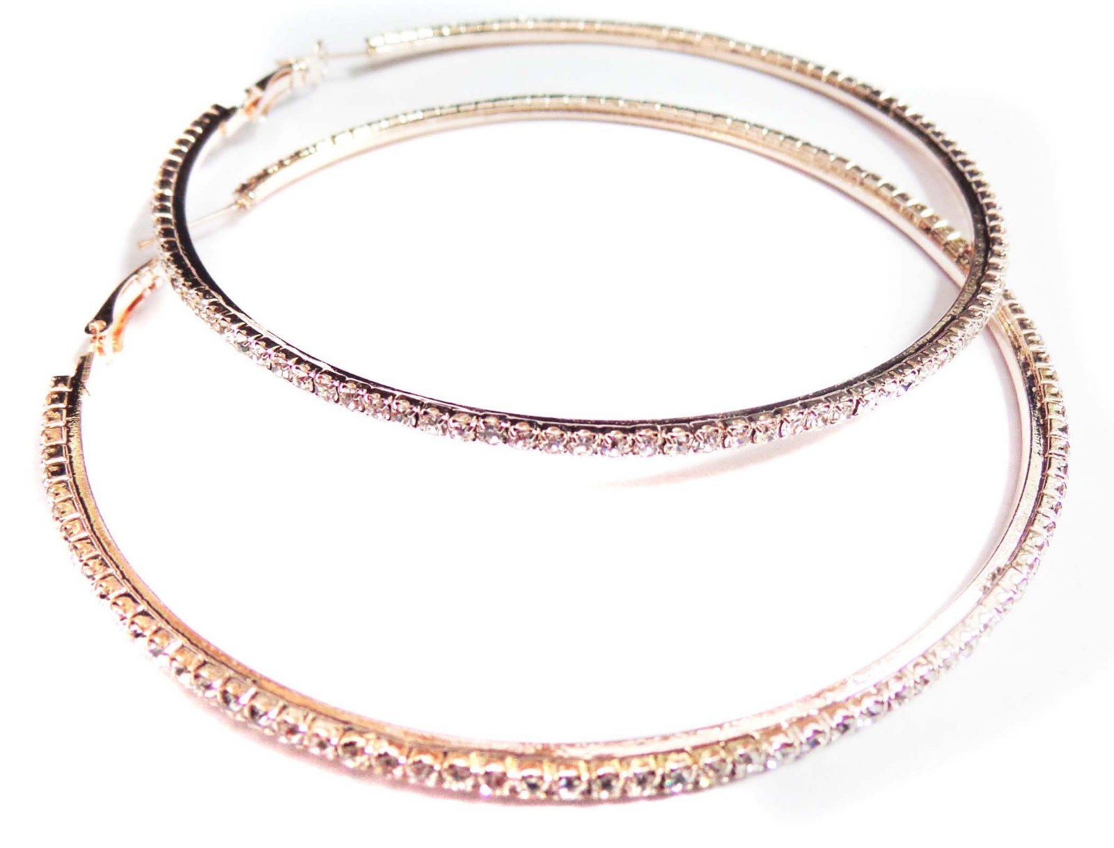 RHINESTONE HOOP EARRINGS ROSE GOLD PLATED 4 INCH HOOPS CRYSTAL LARGE ...