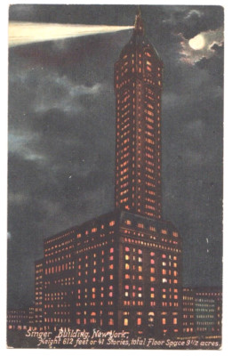 New York City c1908 Singer Building at Night, demolished 1969, Ernest ...