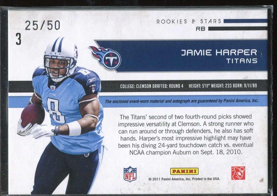 2011 Panini Rookie Revolution Jamie Harper #3 Tennessee Titans RPA /50 ...