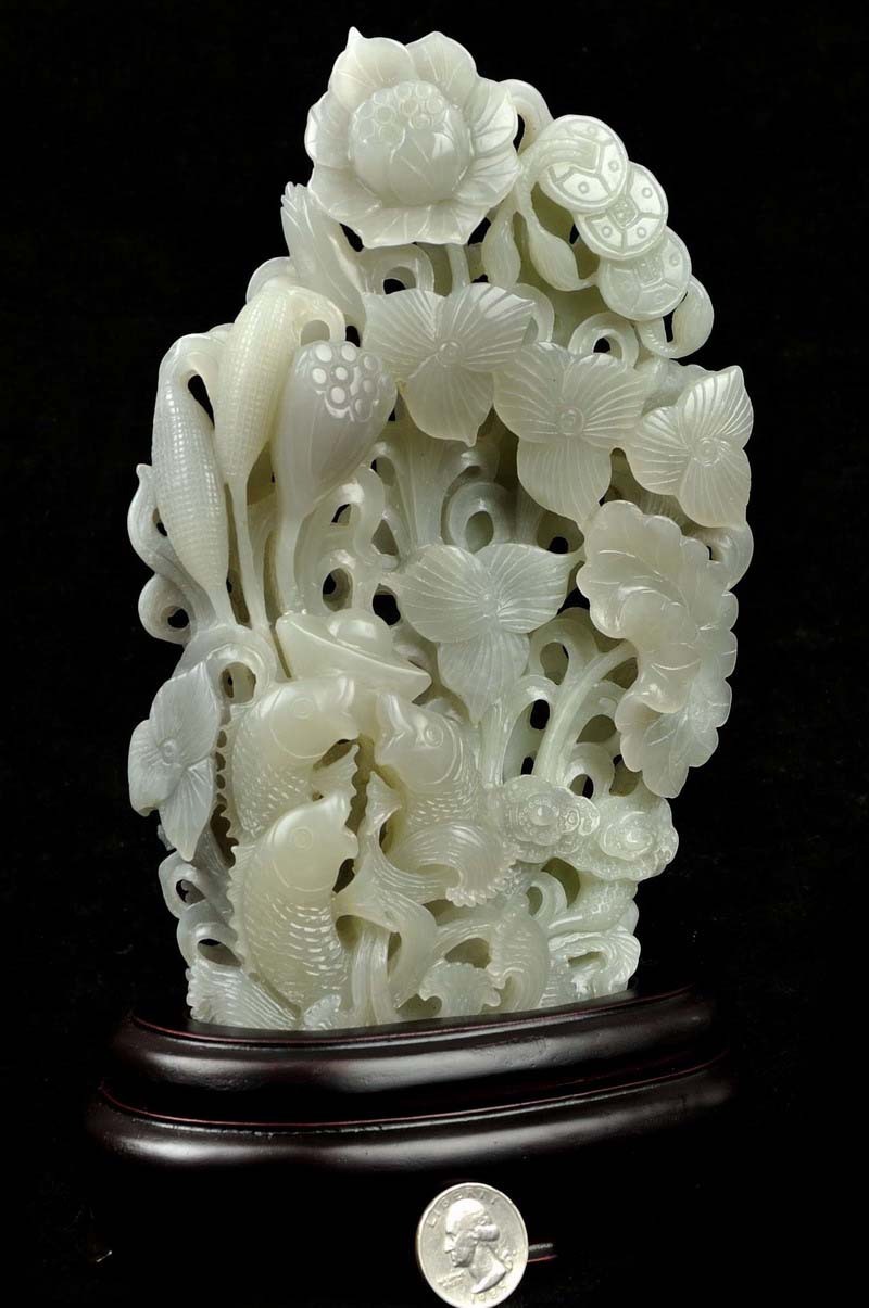 Natural Hetian Nephrite Jade Koi Fish&Lotus Flower Statue Sculpture w ...