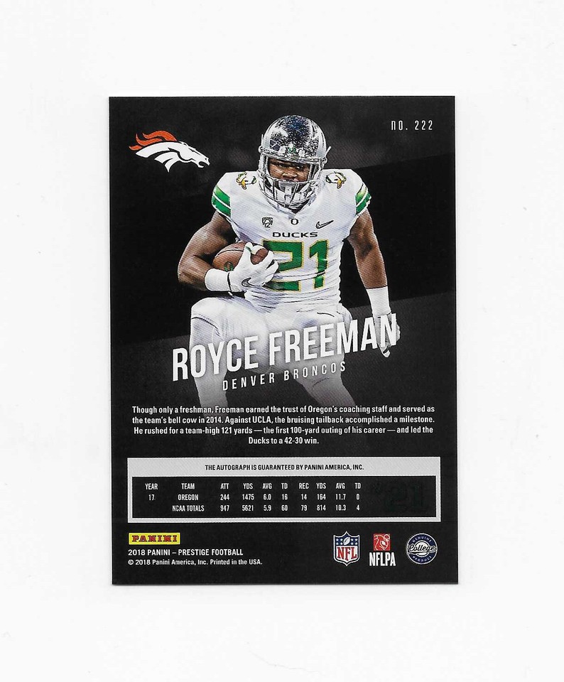 2018 Prestige Autograph GOLD Royce Freeman RC Denver Broncos Oregon ...
