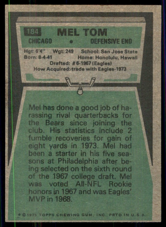 1975 Topps Mel Tom Chicago Bears #184 | eBay