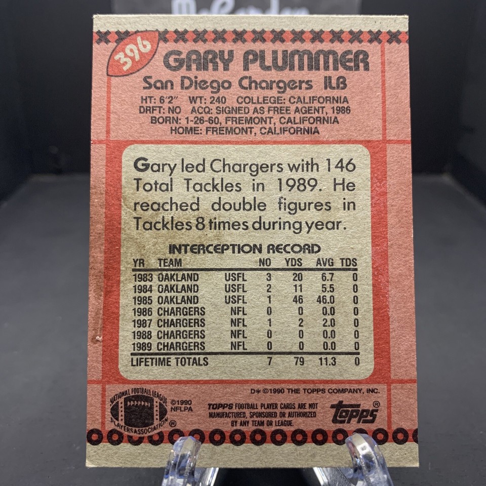 1990 Topps Gary Plummer #396 San Diego Chargers | eBay