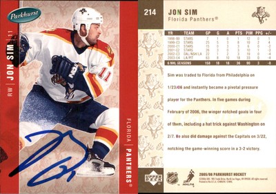 Jon Sim Signed 2005-06 Parkhurst #214 Card Florida Panthers Auto AU | eBay