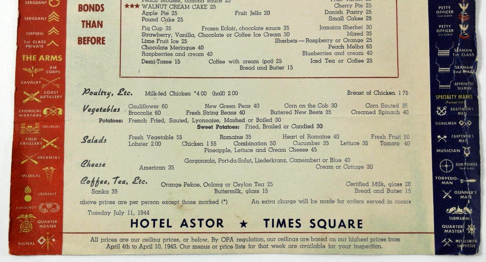 1944 Vintage WWII War Era Menu HOTEL ASTOR Times Square HUNTING ROOM ...