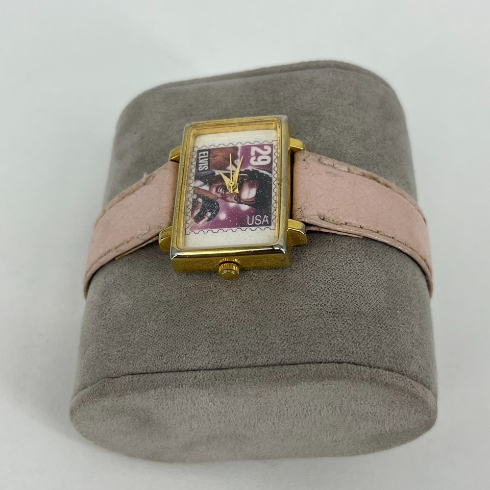 Elvis Presley 1992 USA Stamp Gold Tone Analog Watch Pink Leather Band ...