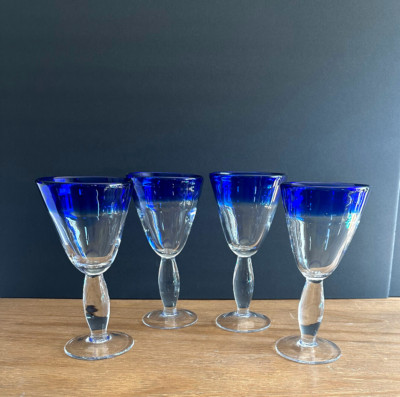 Vintage Pier 1 Hand blown Mexican Glass stems goblets Cobalt blue rims ...