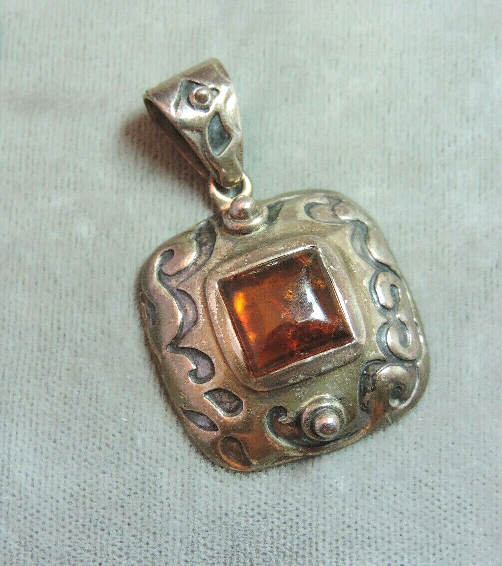 Vintage Golden Amber Square Chunky Silver Artsy Hand … - Gem