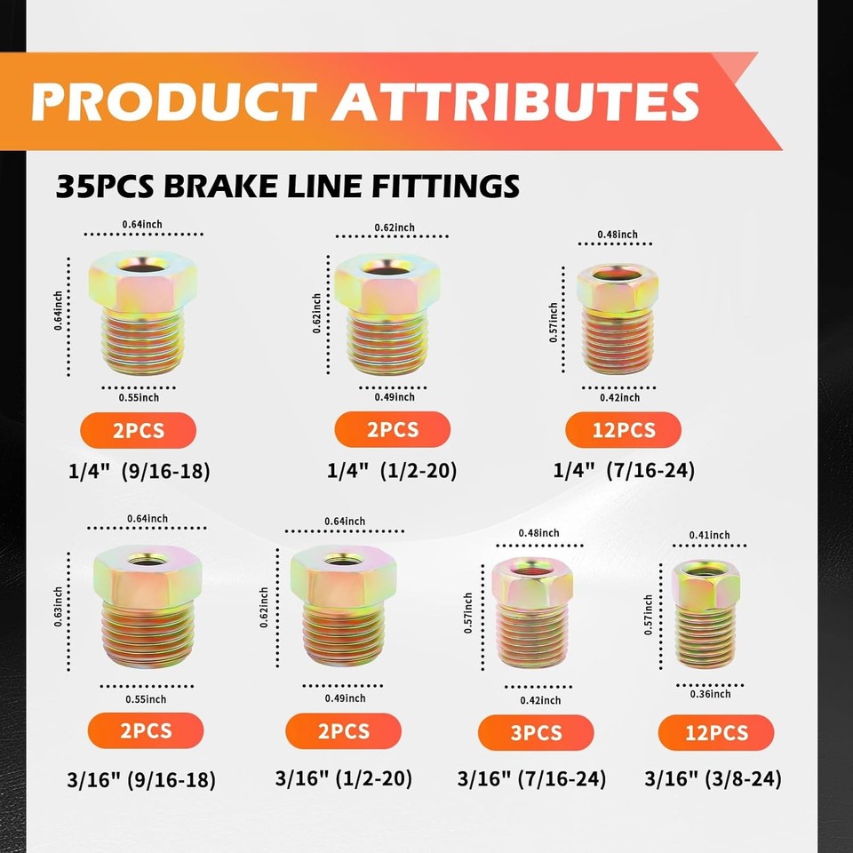 35PCS Brake Line Fittings Kit Steel 1/4 & 3/16 Inverted Flare Repair ...