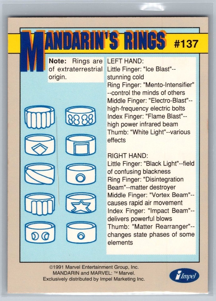 1991 Marvel Weapons Impel Trading Cards #137 Mandarin's Rings Set Break ...