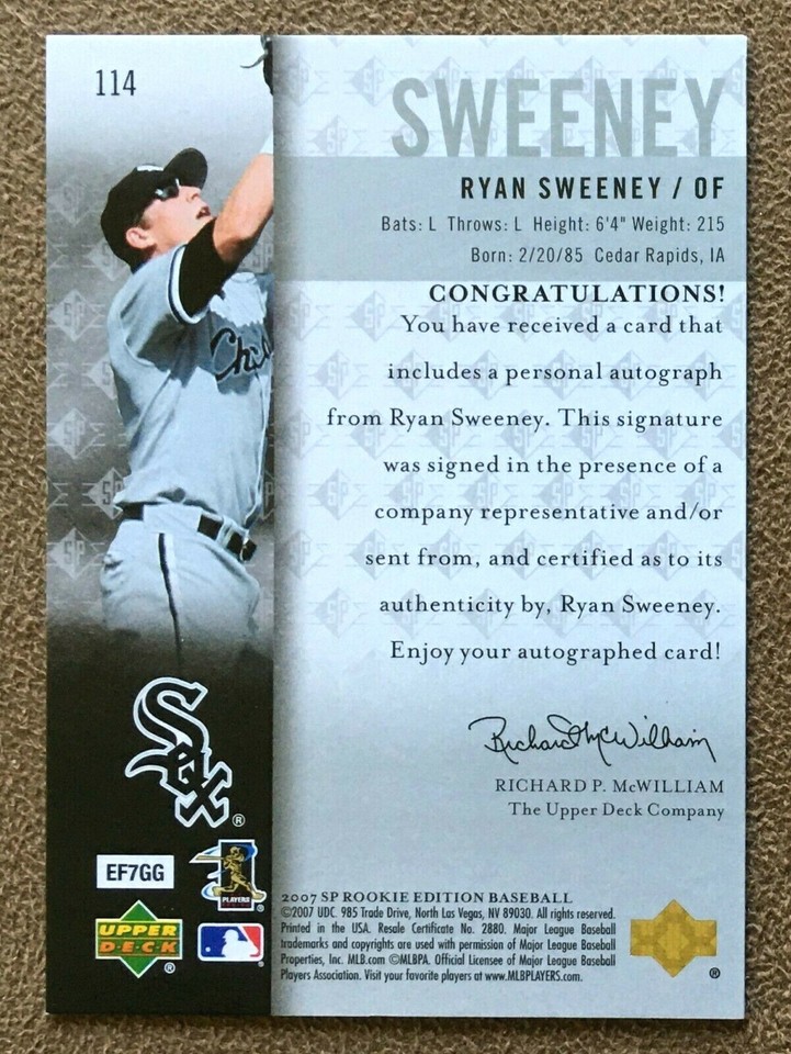 Ryan Sweeney 2007 Upper Deck SP Rookie Edition Autograph #114 Chicago ...