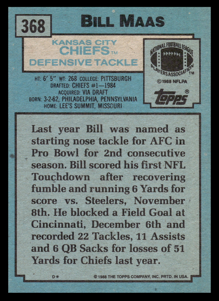 1988 Topps Bill Maas #368 Kansas City Chiefs NFL Football Topps All Pro ...