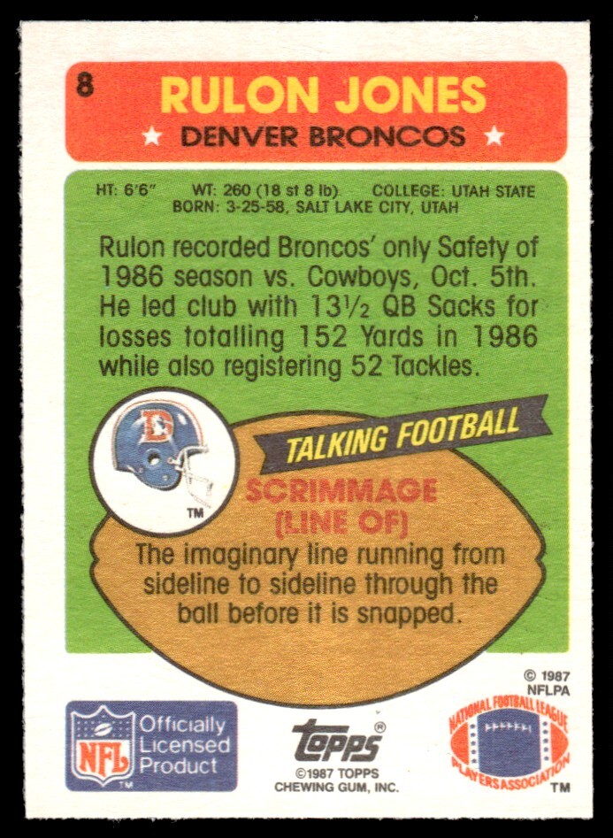 1987 TOPPS AMERICAN/UK RULON JONES D DENVER BRONCOS #8 | eBay