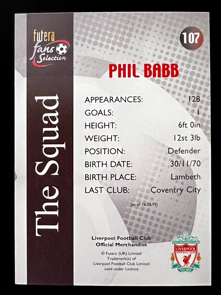2000 Futera Fans Selection The Squad Phil Babb #107 Liverpool Soccer ...