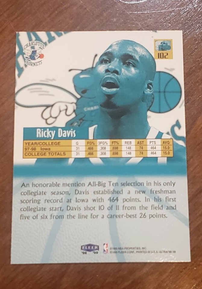 RICKY DAVIS 1998-99 Fleer Ultra ROOKIE RC Basketball Card #102 ...