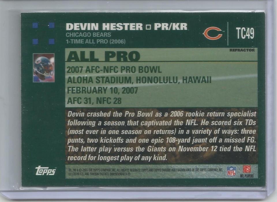 Devin Hester 2007 Topps Chrome Pro Bowl SILVER REFRACTOR Card TC49 ...