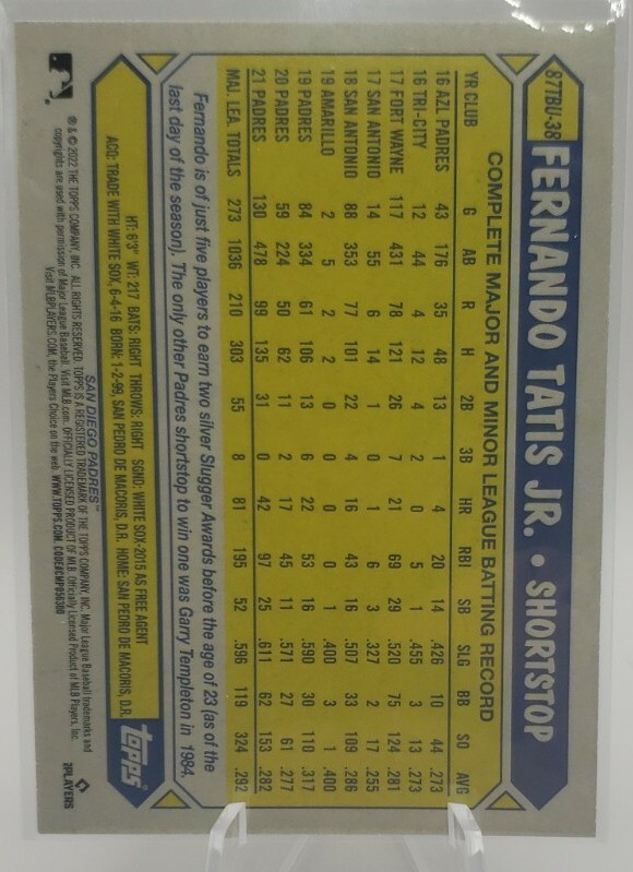 2022 Topps Update '87 Topps Fernando Tatis Jr. San Diego Padres 87TBU ...