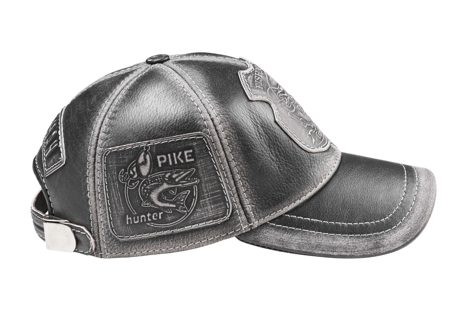 Pike Hunter Fisherman Leather Handcrafted Black Baseball Cap Dad Angler ...
