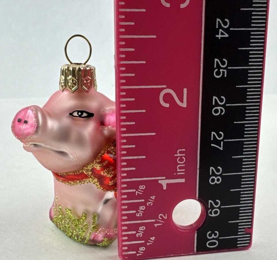 Glass Christmas Ornament Pink Pig W/ Red Bow Glitter Poland Impulse | eBay