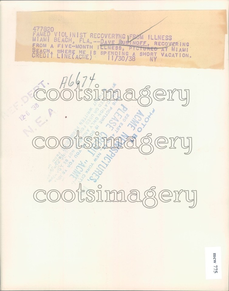 1938 Violinist Dave Rubinoff in Recovery in Miami Florida Press Photo ...