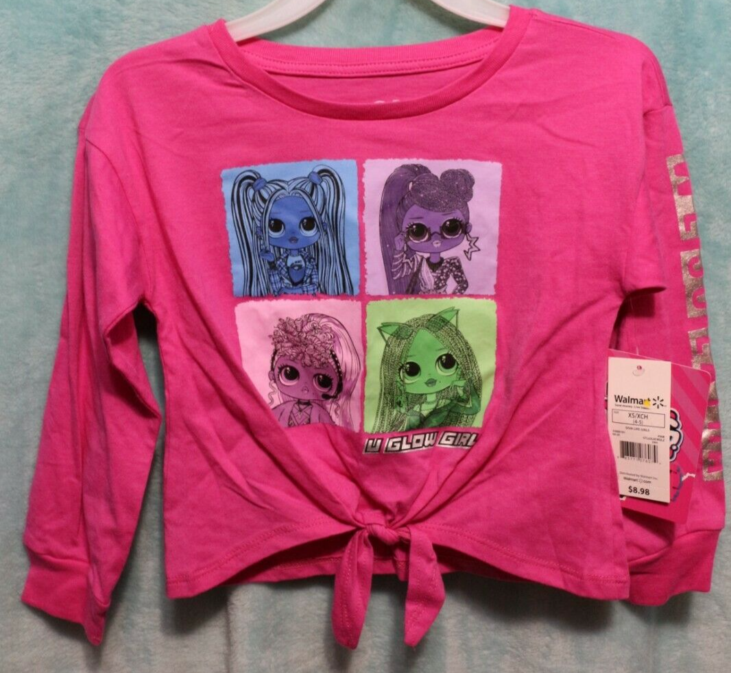 LOL Surprise NEW♈Girl's Printed LS tie front Tee size XS~Pink U Glow ...