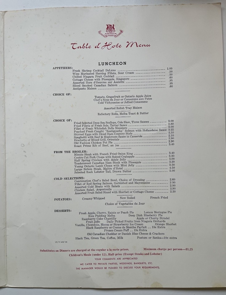 Vintage - 1965 The Refectory restaurant food large menu, Niagara Falls ...