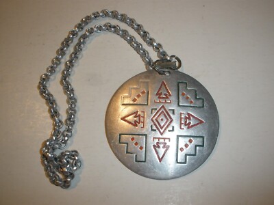 Vintage Tin 2.5" Pendant Necklace Native American Design 9" chain Drop ...