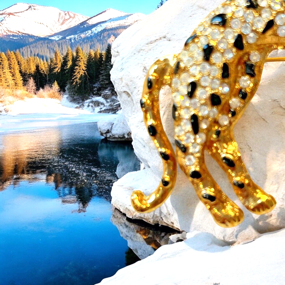 Vintage Leopard Brooch Gold Tone Rhinestone Black Enamel Green Eyes Cat ...