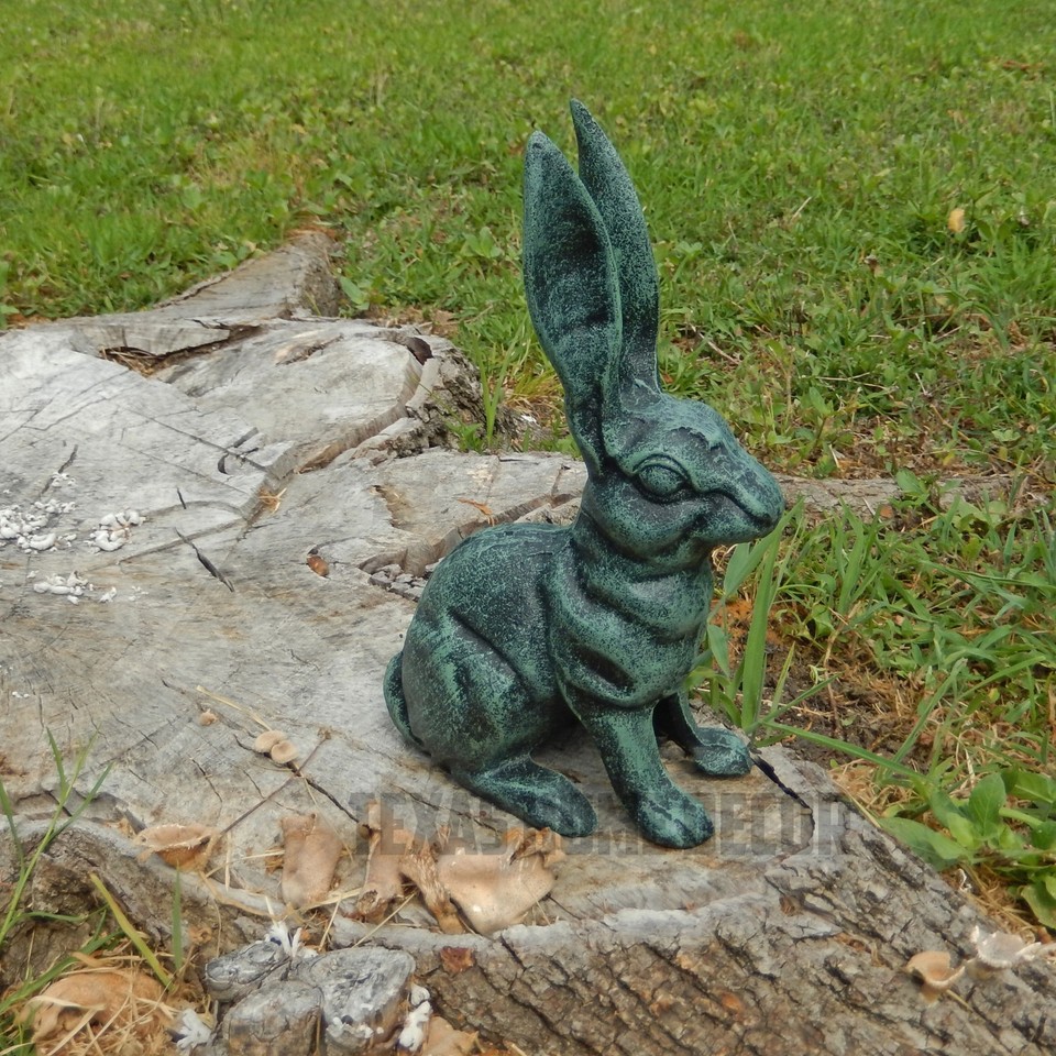 Large Rabbit Figurine Garden Statue Heavy Duty Cast Iron Verdigris ...