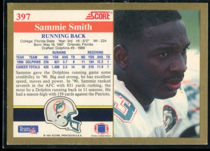 1991 Score Football Sammie Smith #397 Miami Dolphins | eBay
