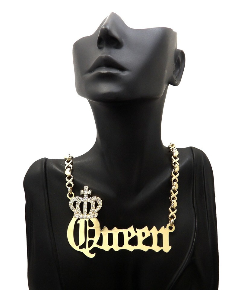 Women's Hip Hop Iced Crowned QUEEN Pendant & 7mm 18" XO Chain Choker ...