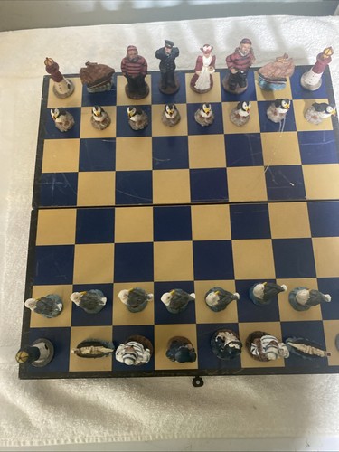 Vintage Nautical Themed Chess Set Folding Table Pawns Are Seagulls And ...