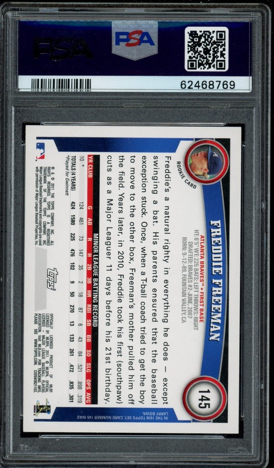 2011 Topps #145 Freddie Freeman Rookie RC PSA MINT 9 | eBay