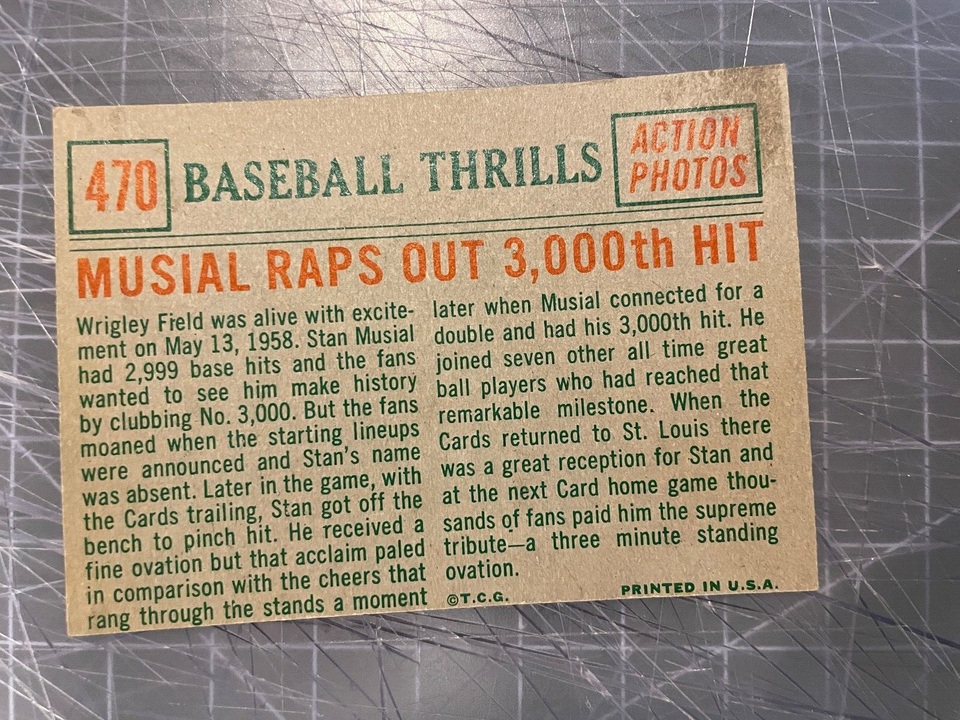 1959 TOPPS #470 BASEBALL THRILLS STAN MUSIAL RAPS 3000TH HIT BASEBALL ...